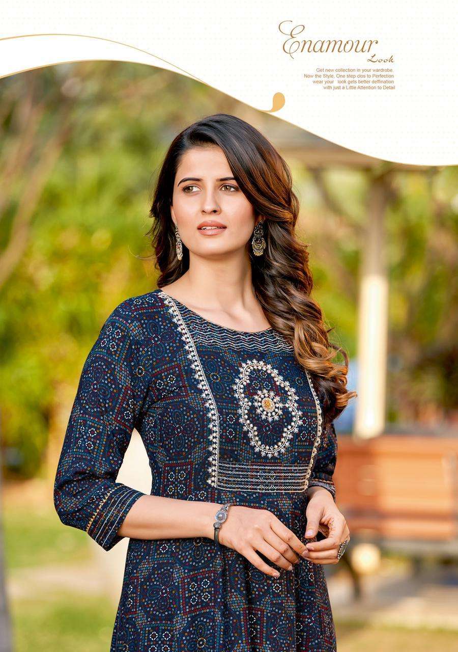 Mittoo Bindi Rayon With Bandhani Print Gown Style Kurti collection at ...