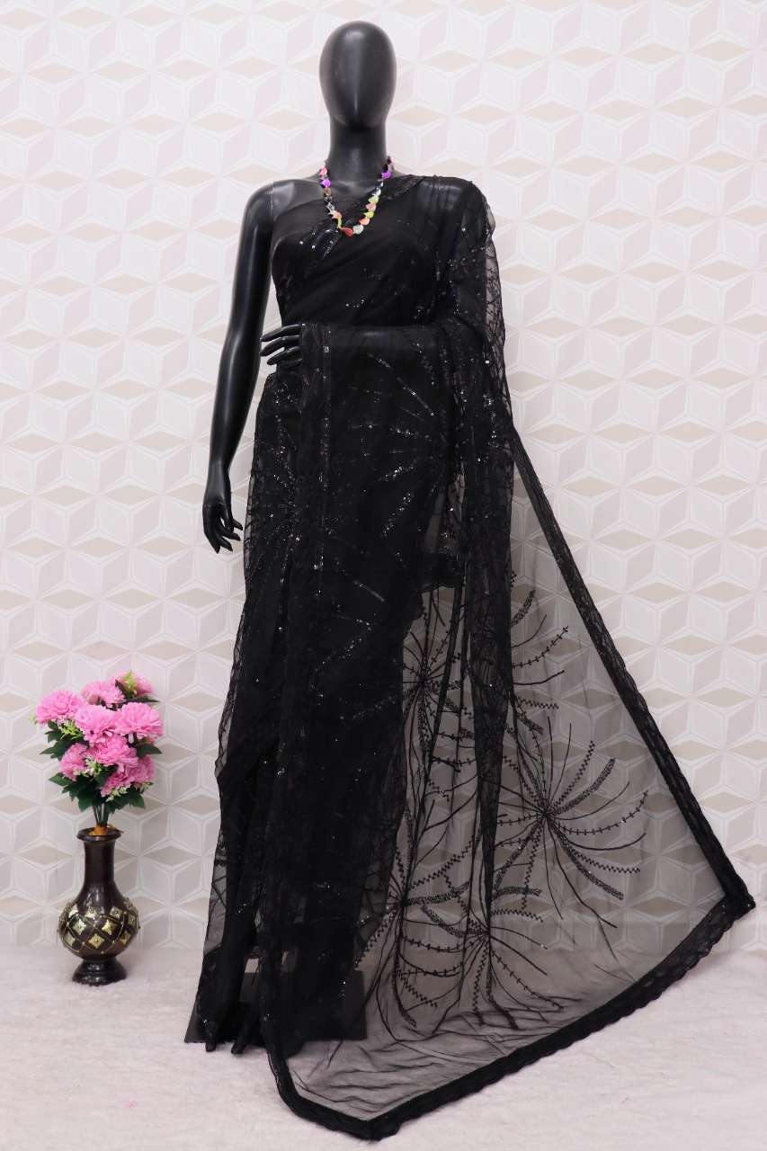 Black Colour Nylon net with sequence work fancy saree collection at ...