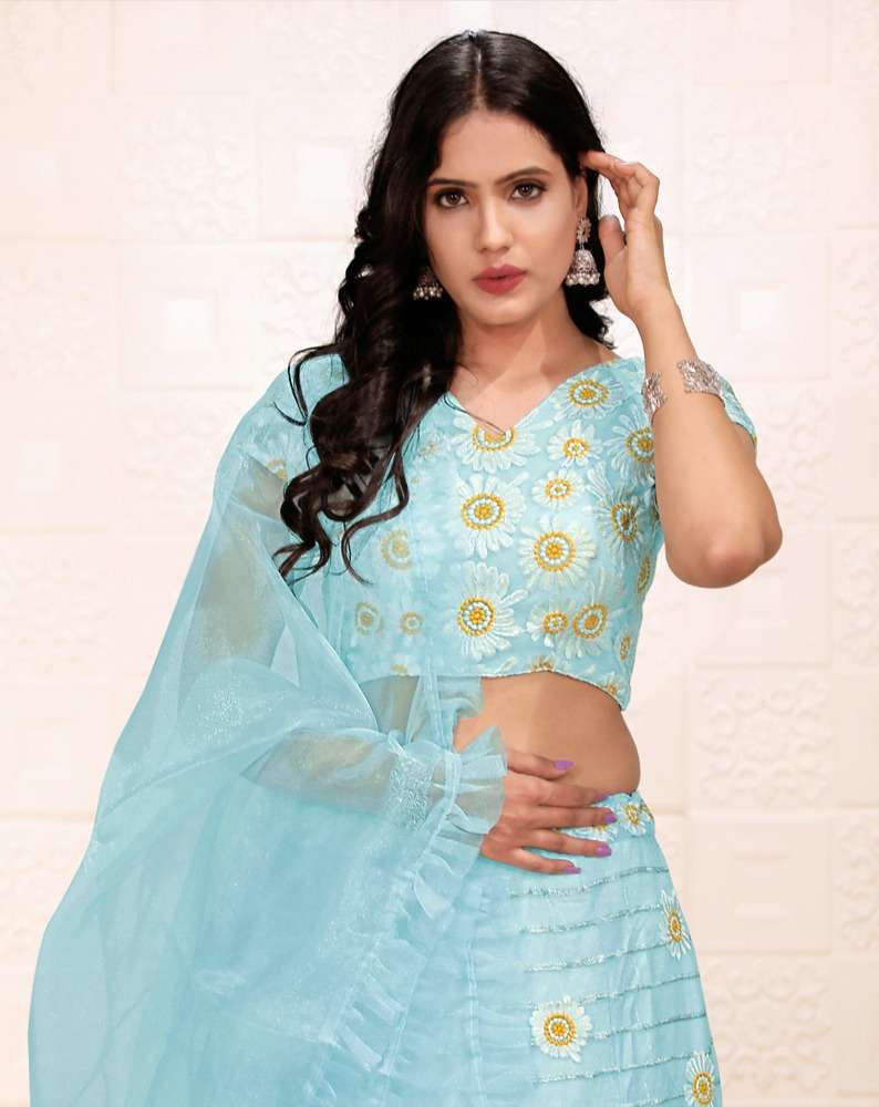 Sky blue color Net with Embroidery work designer Lehenga choli ...