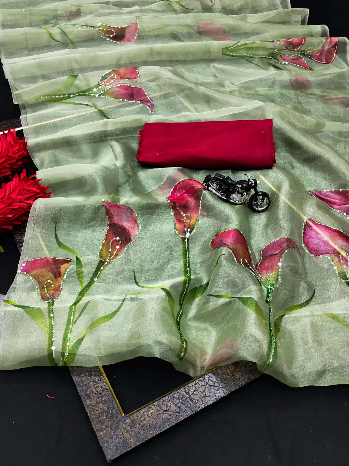 Organza With Handwork FLower Design saree collection