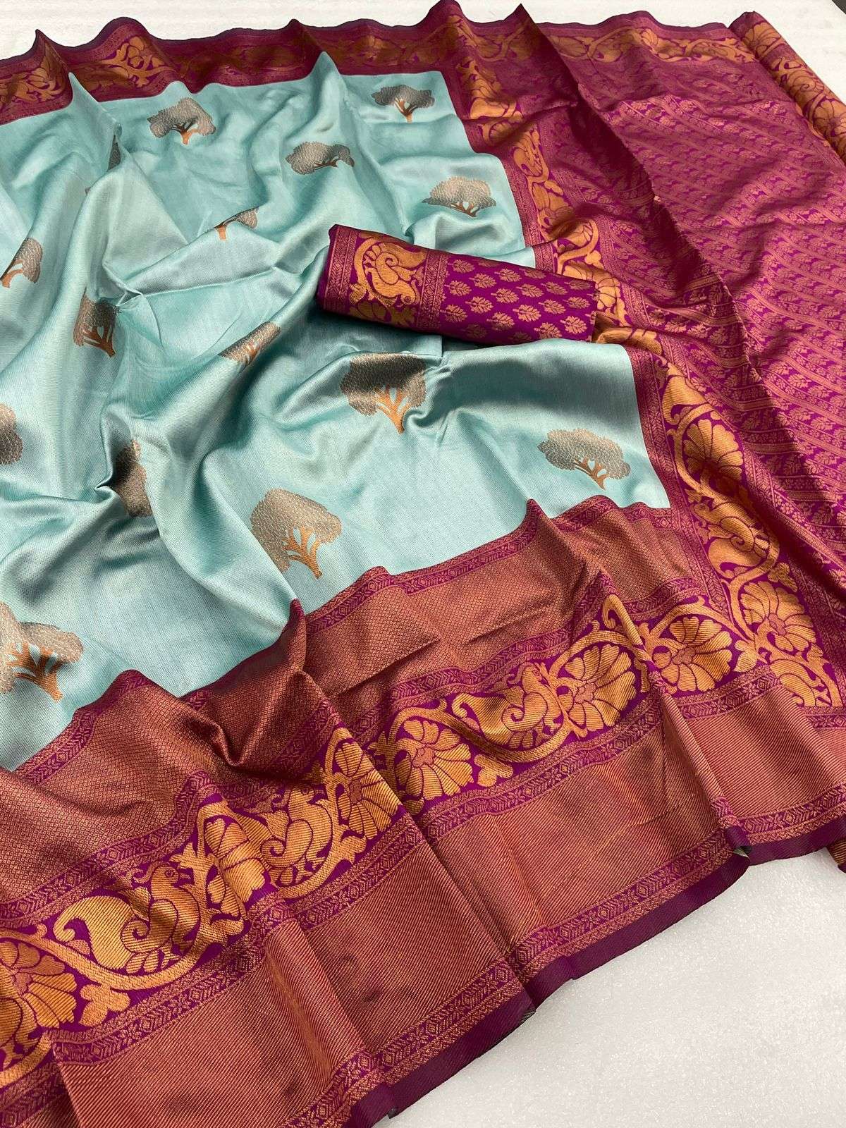 Soft Banarasi silk Firozi BLue Color With Weaving Border saree collection