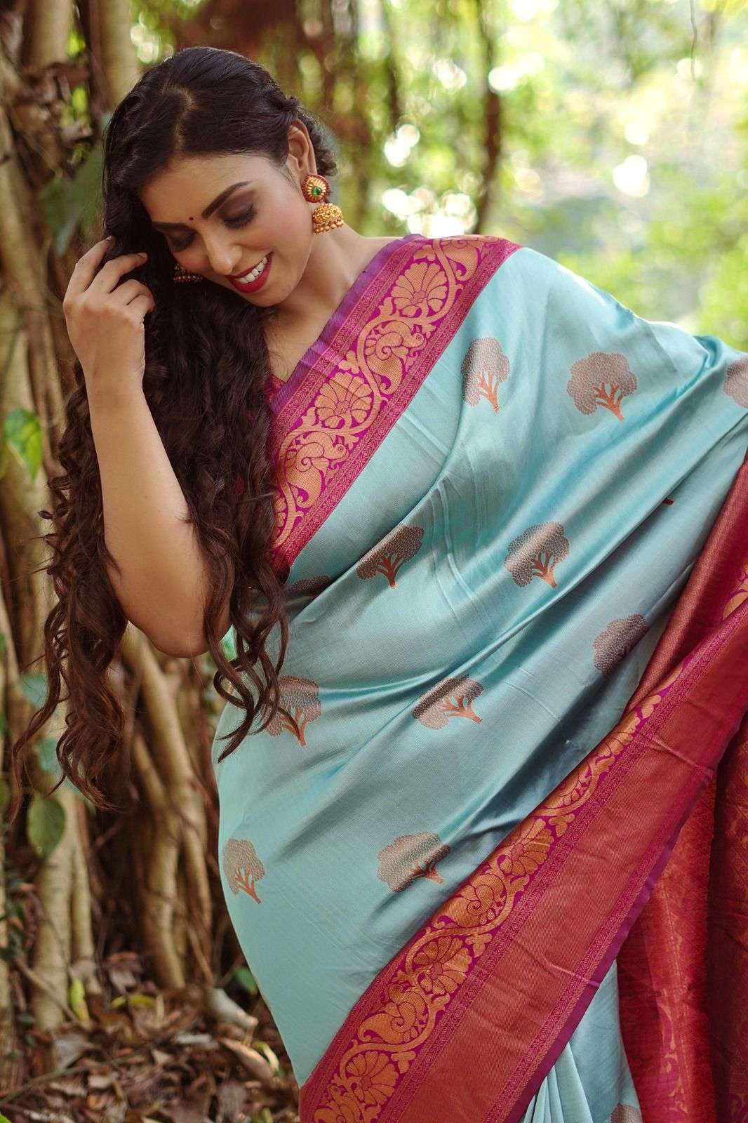 Soft Banarasi silk Firozi BLue Color With Weaving Border saree collection