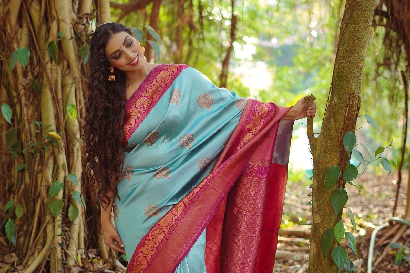 Soft Banarasi silk Firozi BLue Color With Weaving Border saree collection