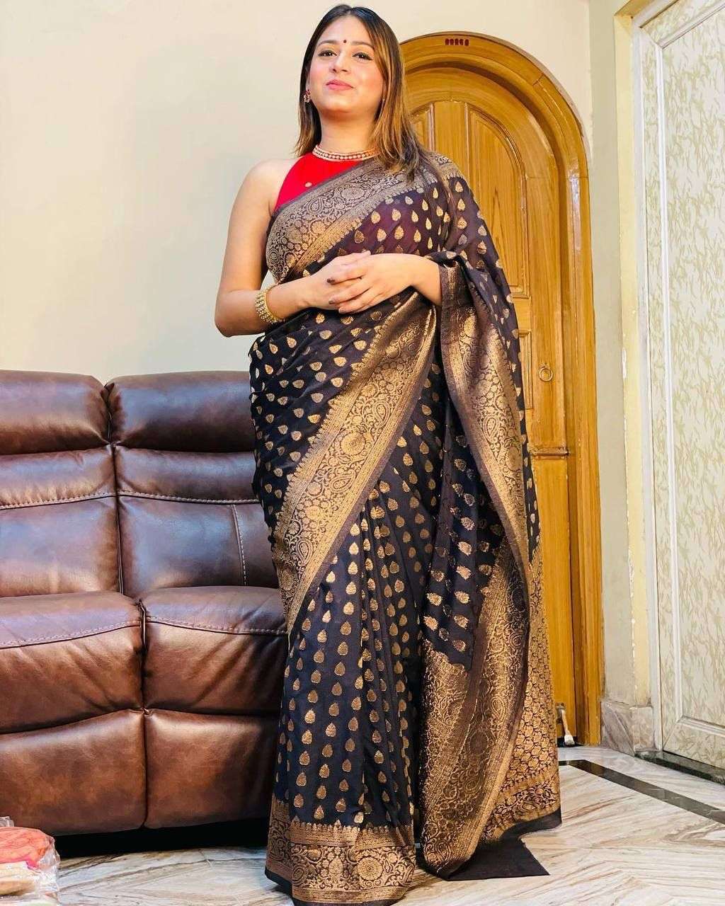 Black Color Soft Banarasi silk with All Over butti Design saree collection