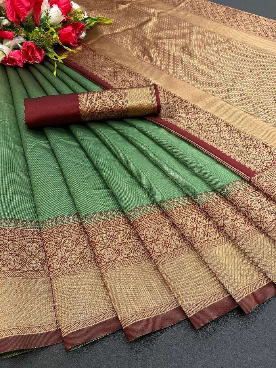 Green color saree with Red shade Border Banarasi silk saree Collection