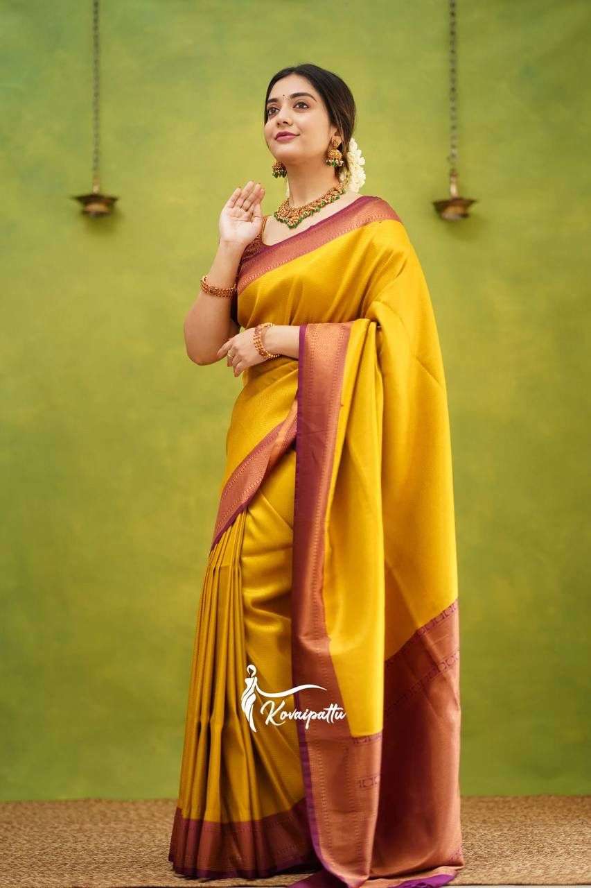 Haldi Function Special Yellow color Soft banarasi silk saree collection