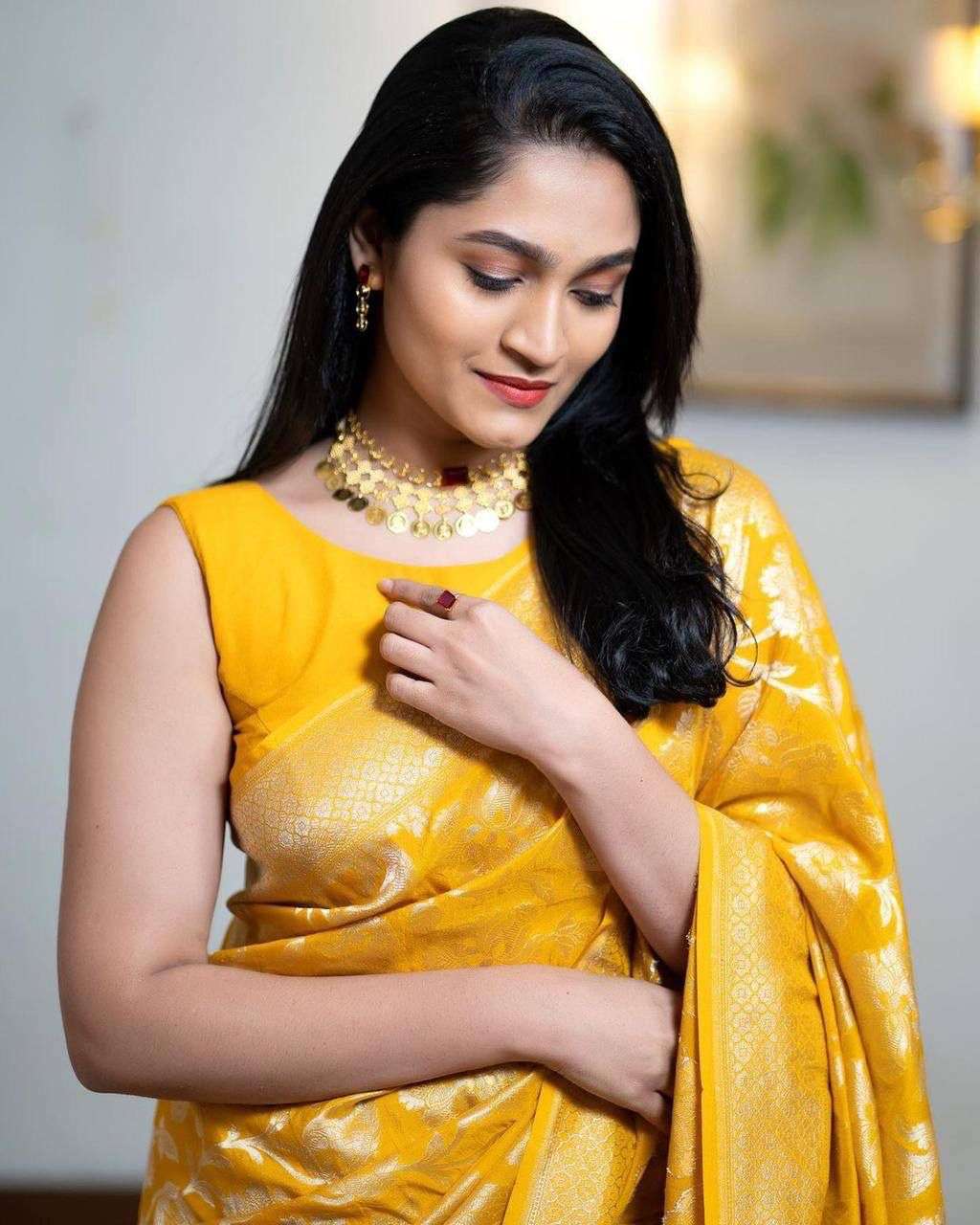 Haldi Function wear Yellow color Banarasi silk saree collection