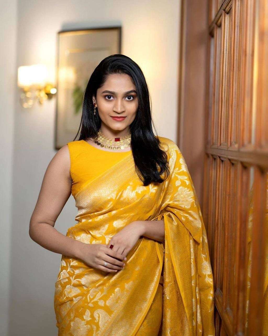 Haldi Function wear Yellow color Banarasi silk saree collection