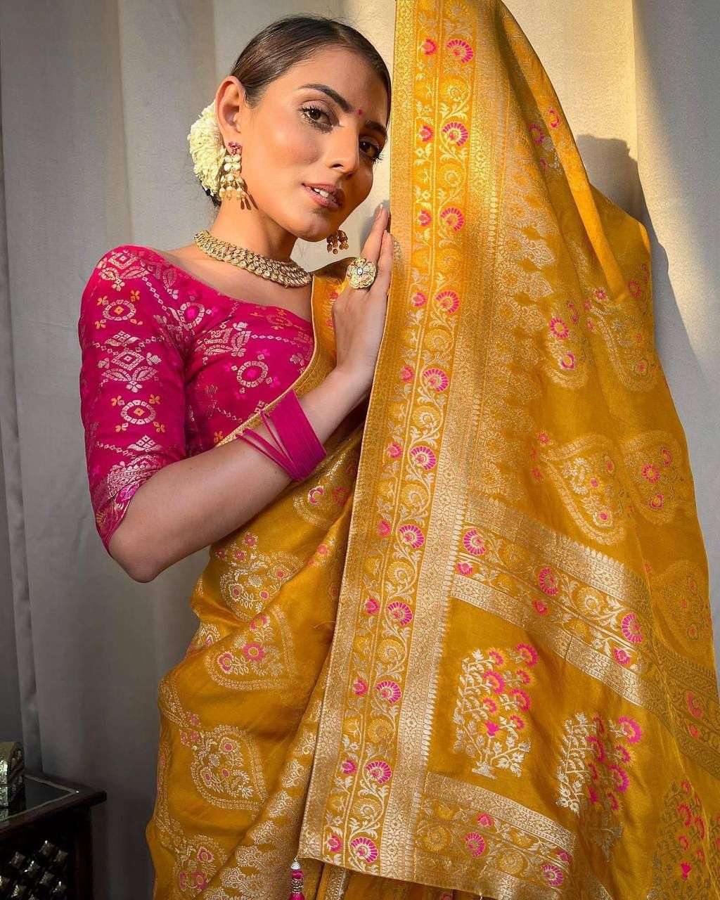 Haldi Function wear Yellow color banarasi silk with weaving design ...