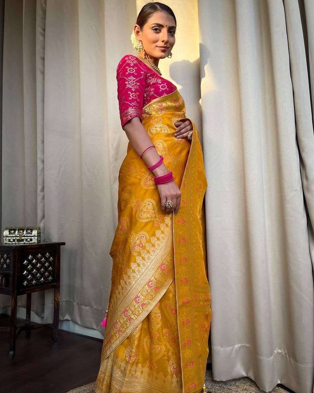 Haldi Function wear Yellow color banarasi silk with weaving design ...