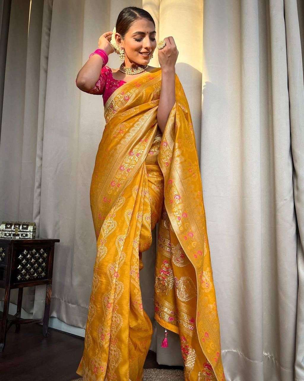Haldi Function wear Yellow color banarasi silk with weaving design ...