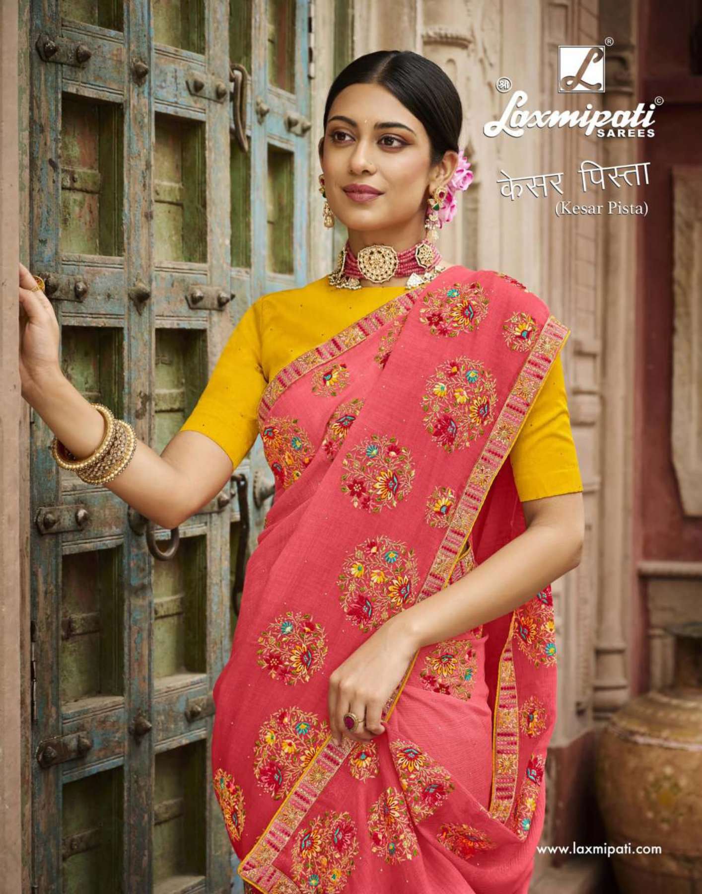 Laxmipati sarees Kesar Pista Chiffon with fancy look saree collection