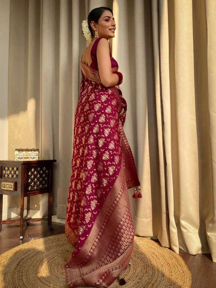 Maroon color banarasi silk with COPPER ZARI WEAVING saree collection