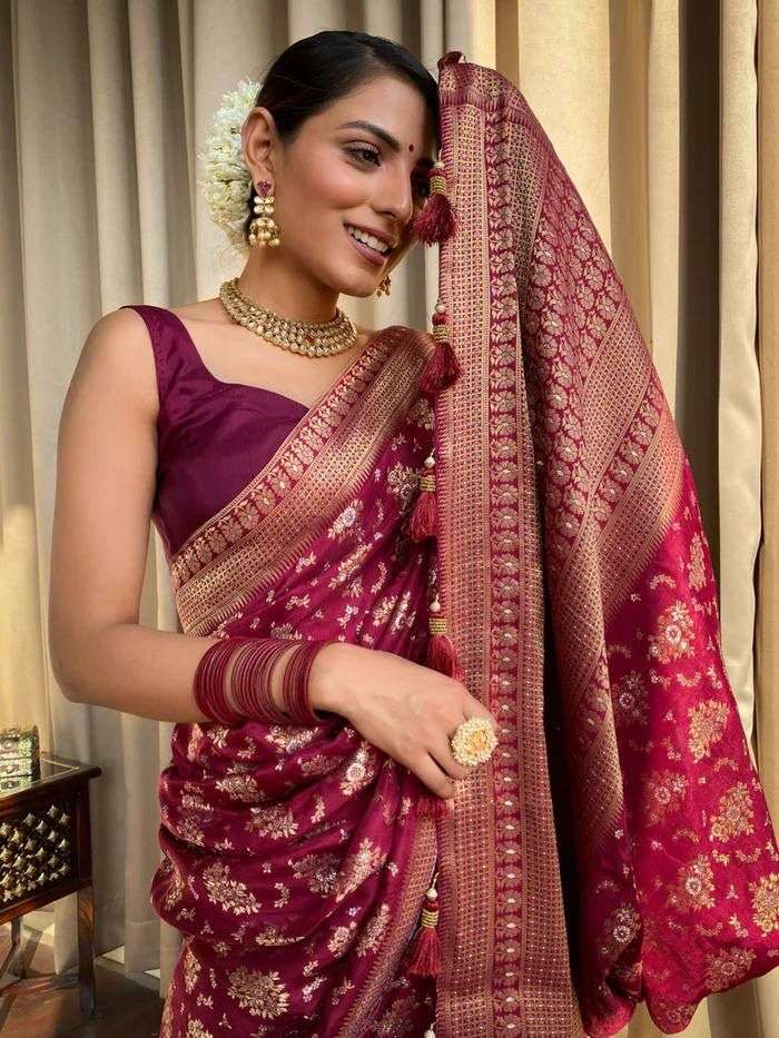 Maroon color banarasi silk with COPPER ZARI WEAVING saree collection