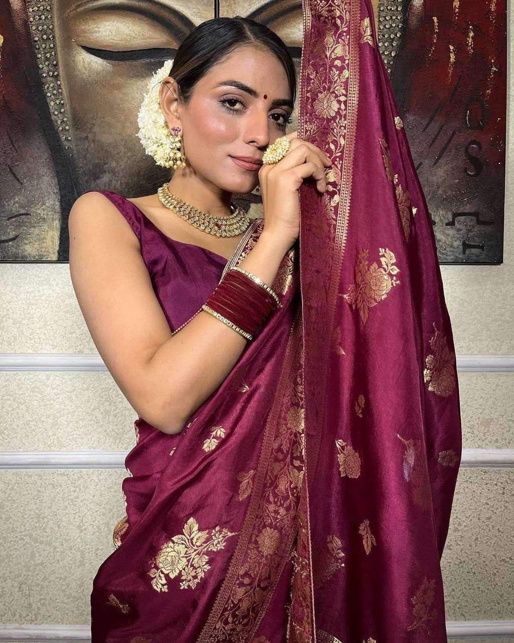 Party wear Wine color Soft banarasi silk with weaving design saree ...