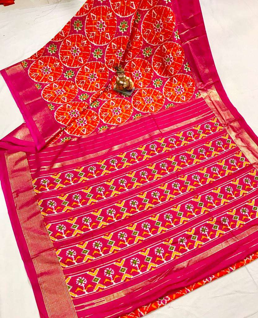 Silk with all over beautiful patola Print and Golden Foil on border ...