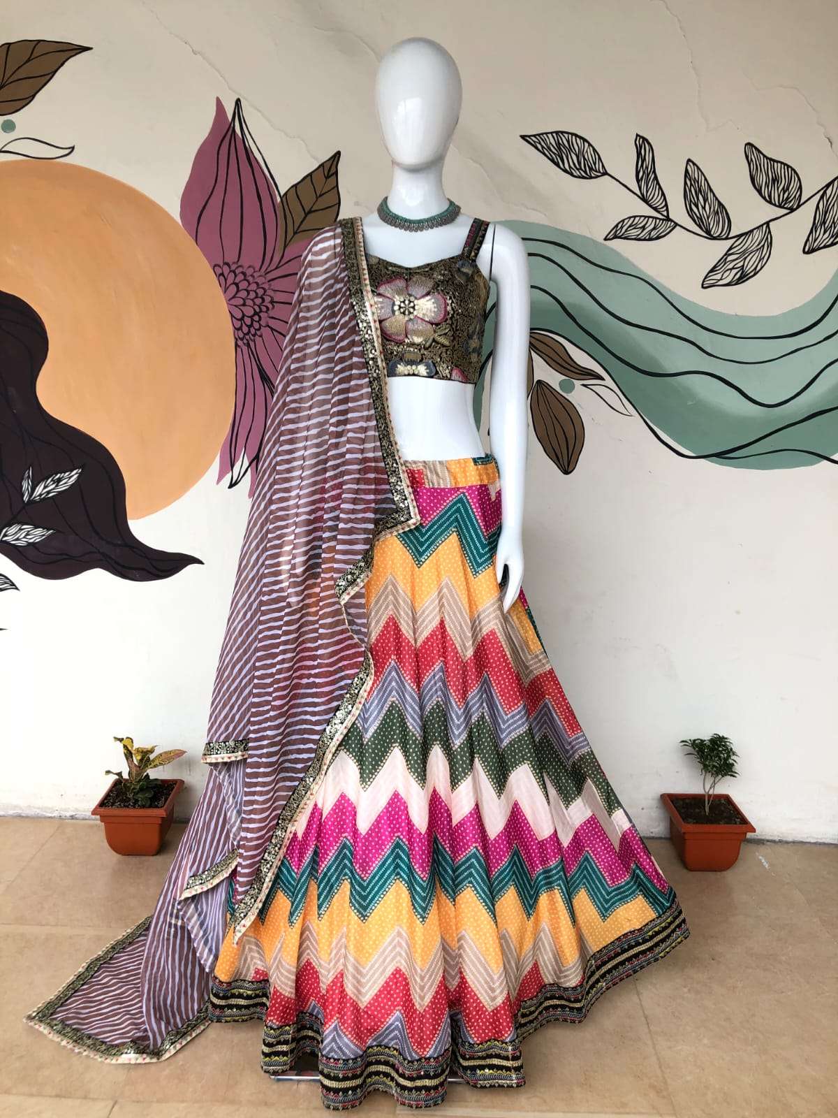 Chinon silk digital printed & sequence embroidery work zig zag design ...