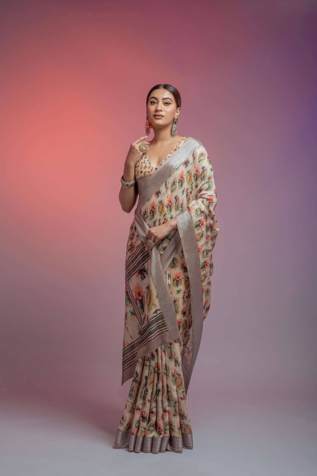 Rajpath Della Linen With Zari Border With Multicolor Digital Print ...