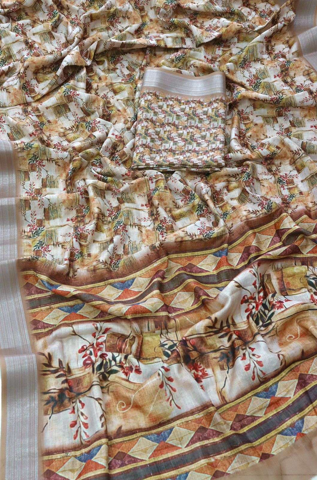 Rajpath Della Linen With Zari Border With Multicolor Digital Print ...