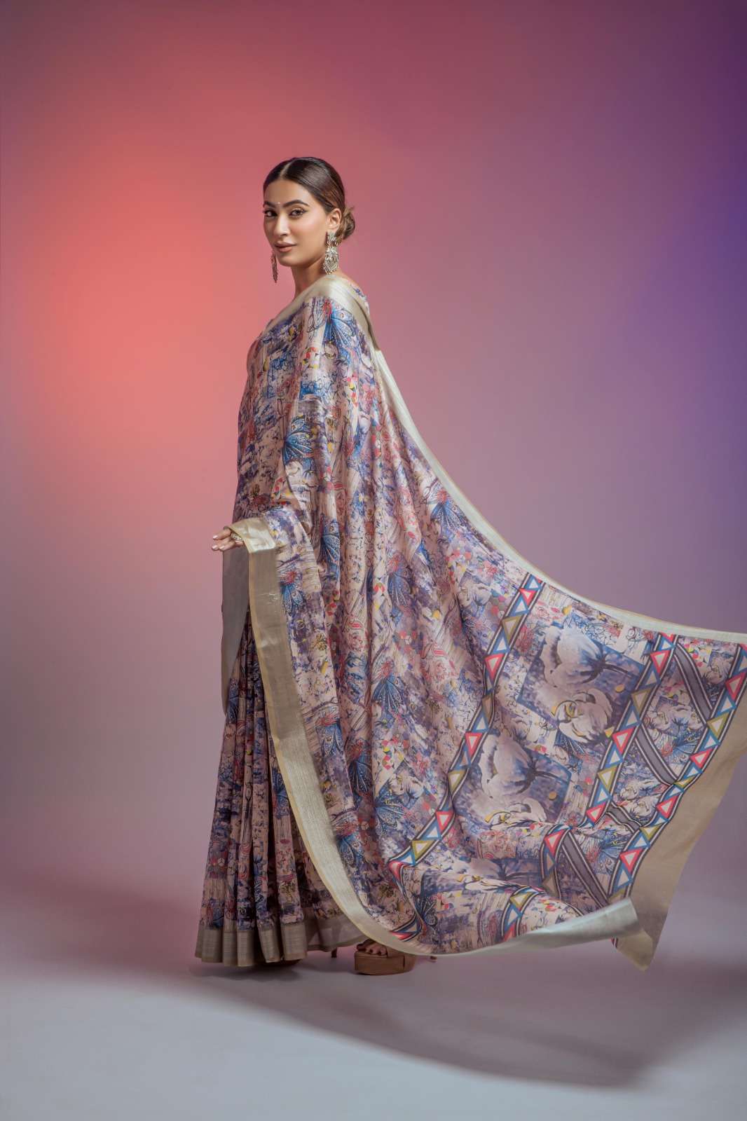 Rajpath Della Linen With Zari Border With Multicolor Digital Print ...