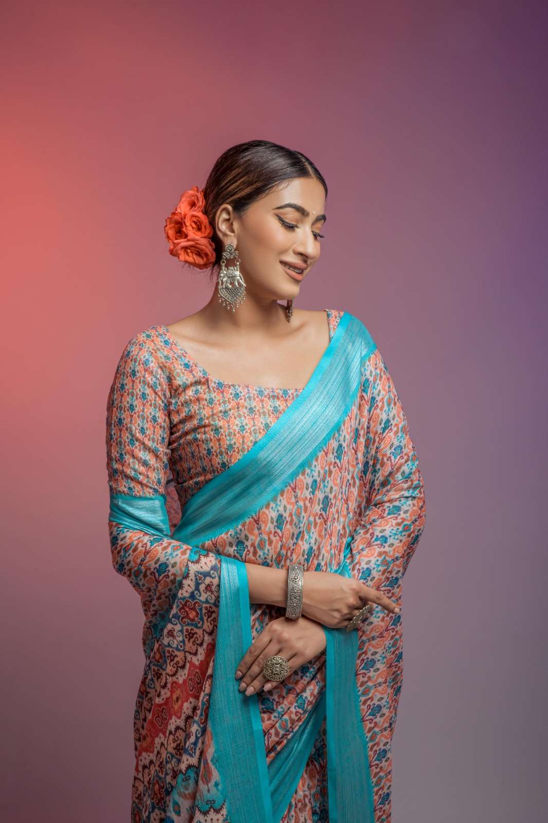 Rajpath Della Linen With Zari Border With Multicolor Digital Print ...