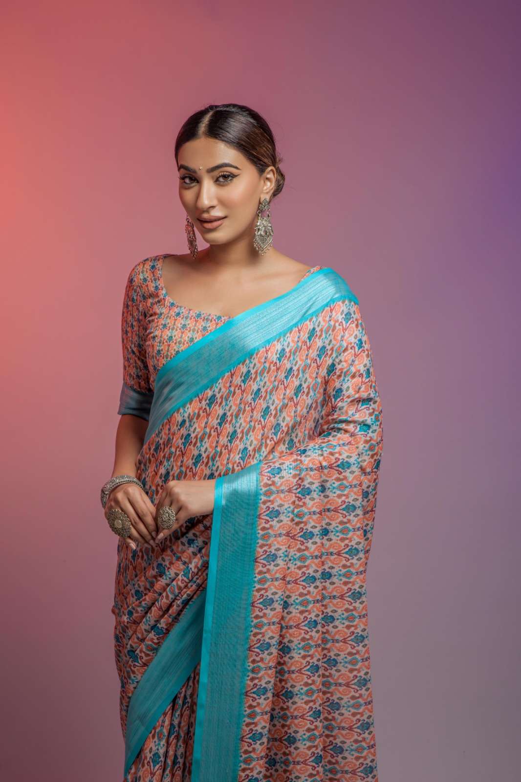 Rajpath Della Linen With Zari Border With Multicolor Digital Print ...