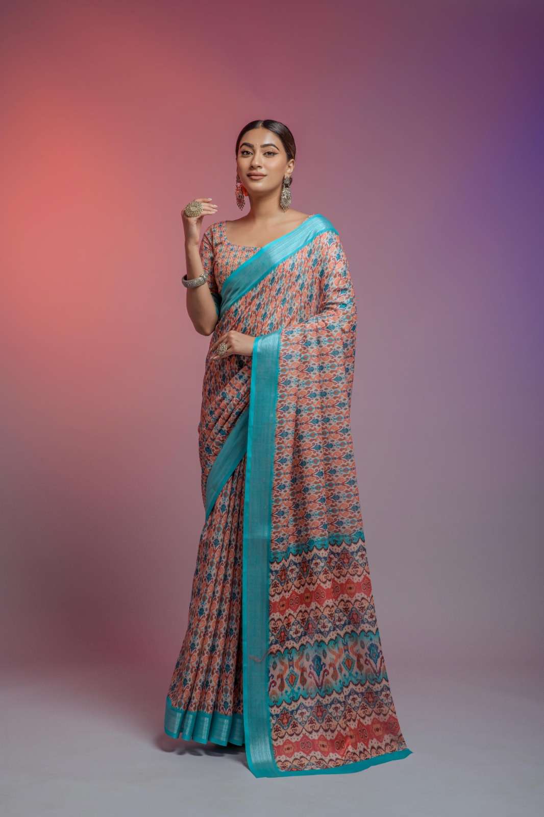 Rajpath Della Linen With Zari Border With Multicolor Digital Print ...