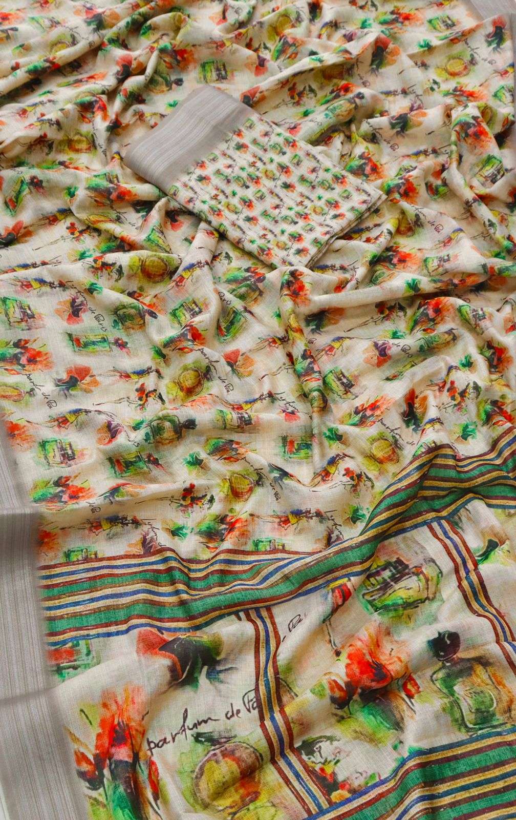 Rajpath Della Linen With Zari Border With Multicolor Digital Print ...