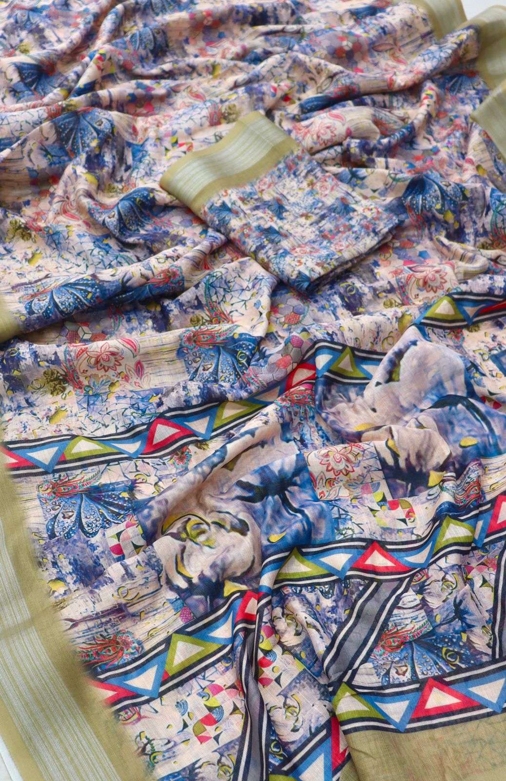 Rajpath Della Linen With Zari Border With Multicolor Digital Print ...