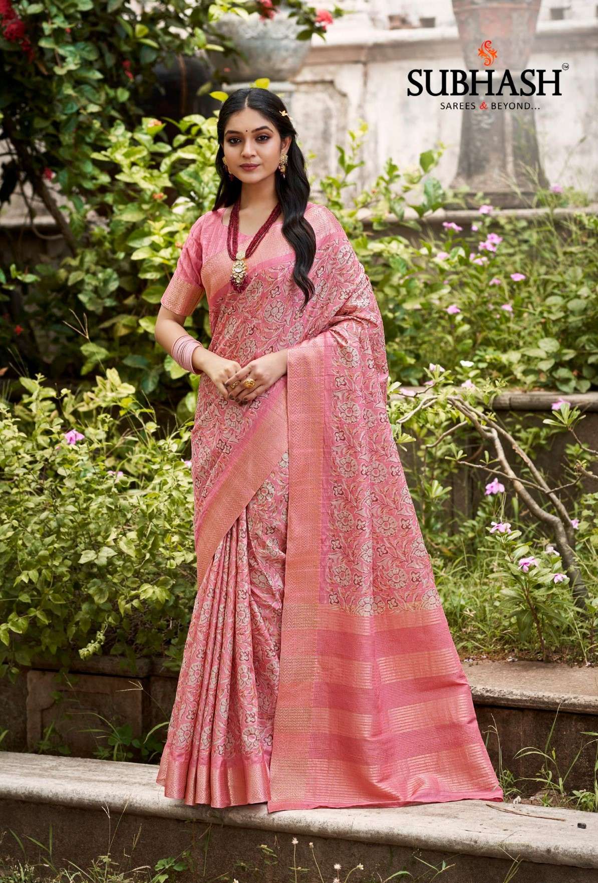 Subhash Rosey Silk with Printed Weaving border saree collection