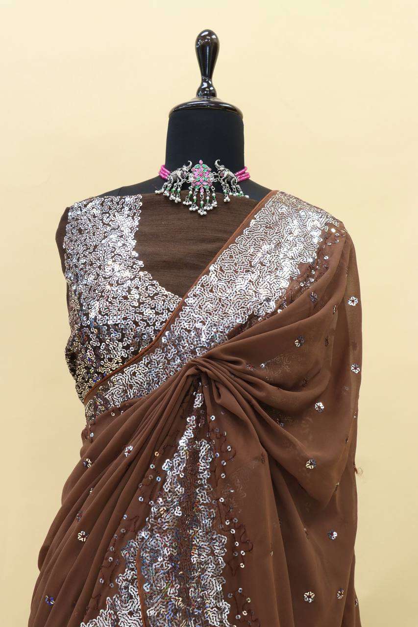 Brown Shades Georgette with Embroidery Sequence work Saree collection