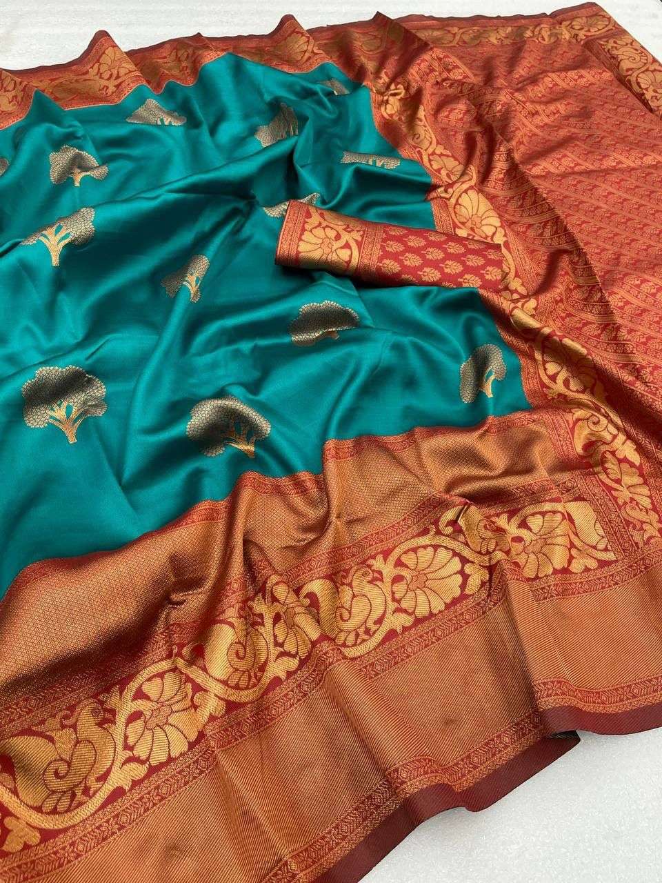 Wedding Look Rama color Banarasi silk with Weaving design saree collection