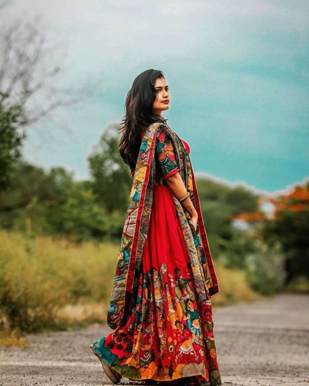 Red color Kalamkari printed fancy look lehenga choli collection