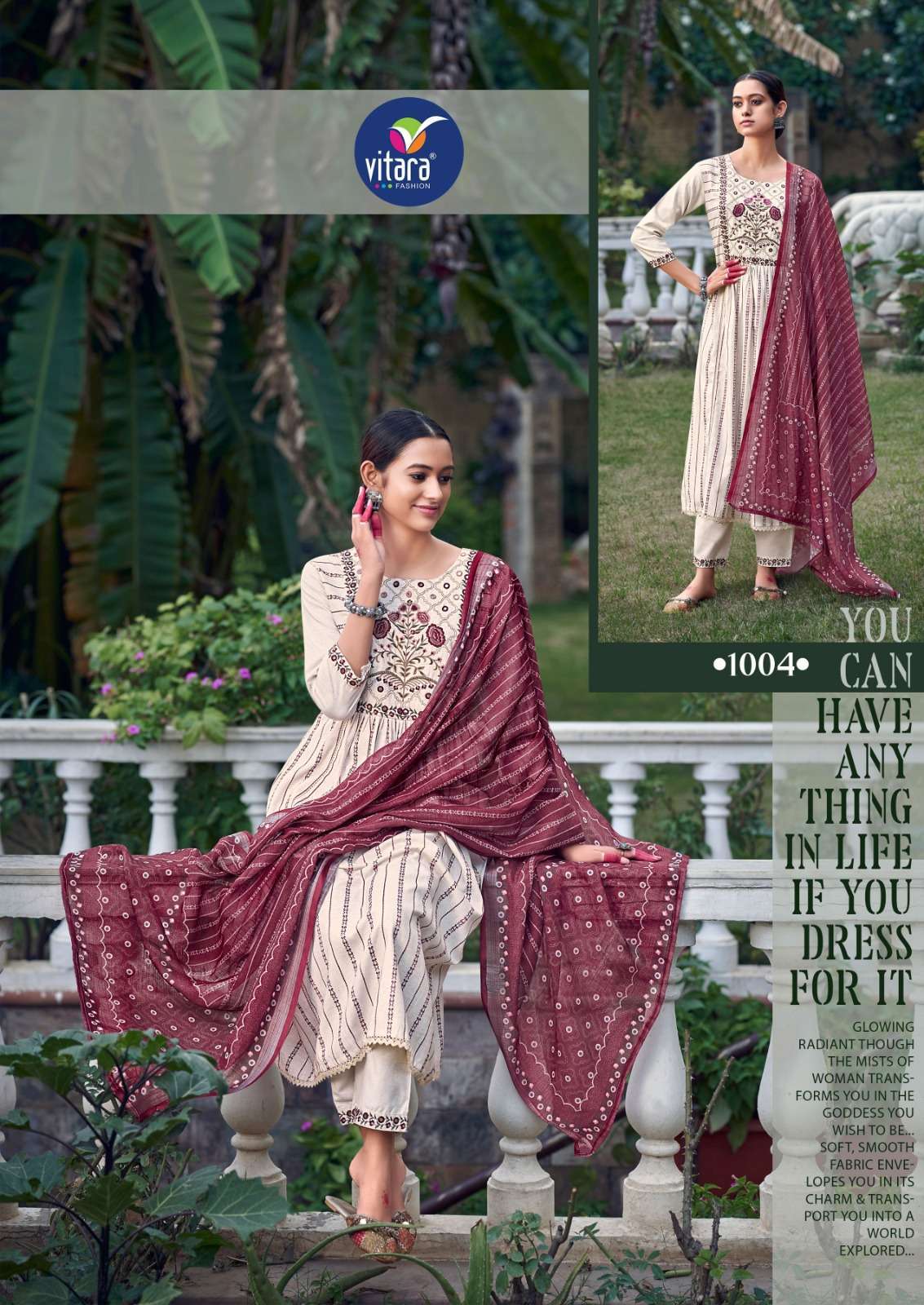 Vitara fashion Rasiya Cotton with Fancy Nayra Cut Readymade suits ...