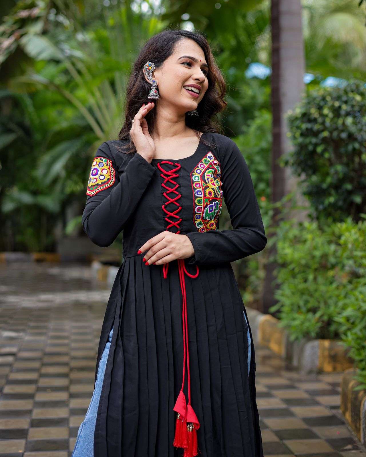 Western Style Navratri Special Black color with Handwork peach Kurti ...