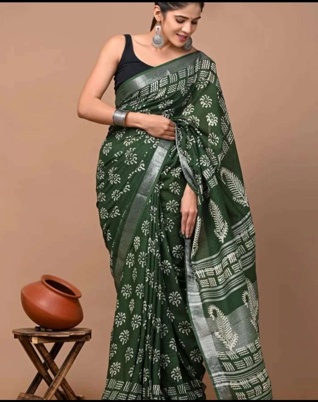 Linen silk with Silver zari patta party wear Saree collection at best ...