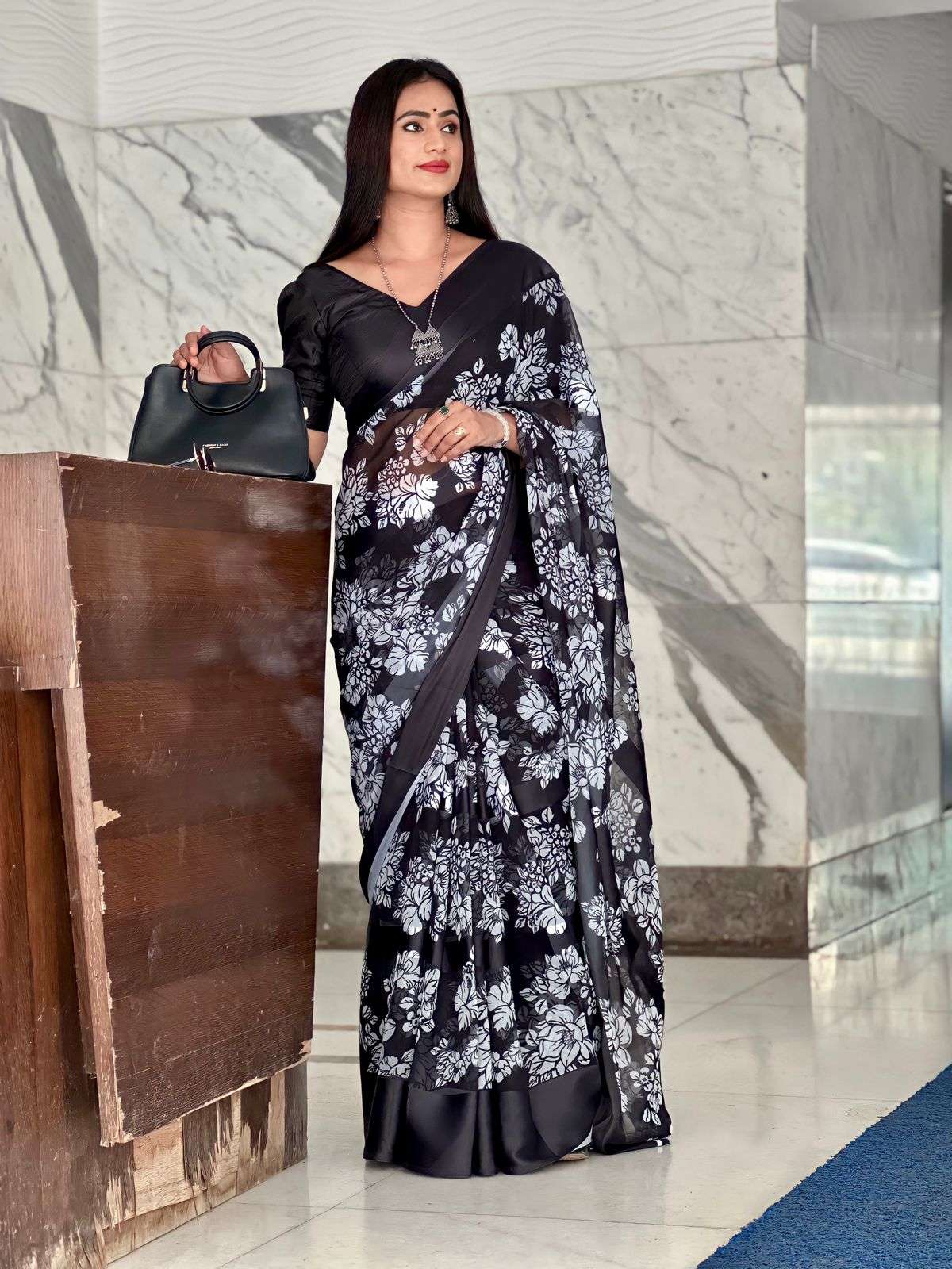 Murari Organza Fabrics Satin Border With Black & White Flower Printed ...