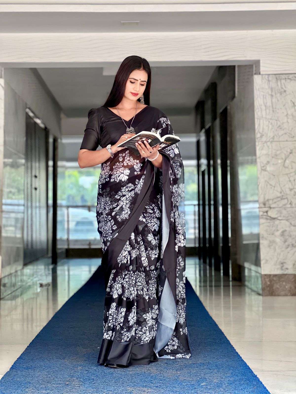 Murari Organza Fabrics Satin Border With Black & White Flower Printed ...