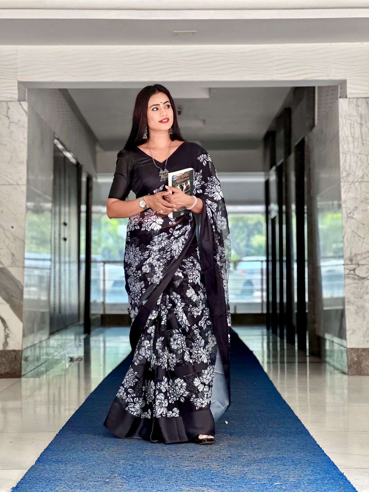 Murari Organza Fabrics Satin Border With Black & White Flower Printed ...