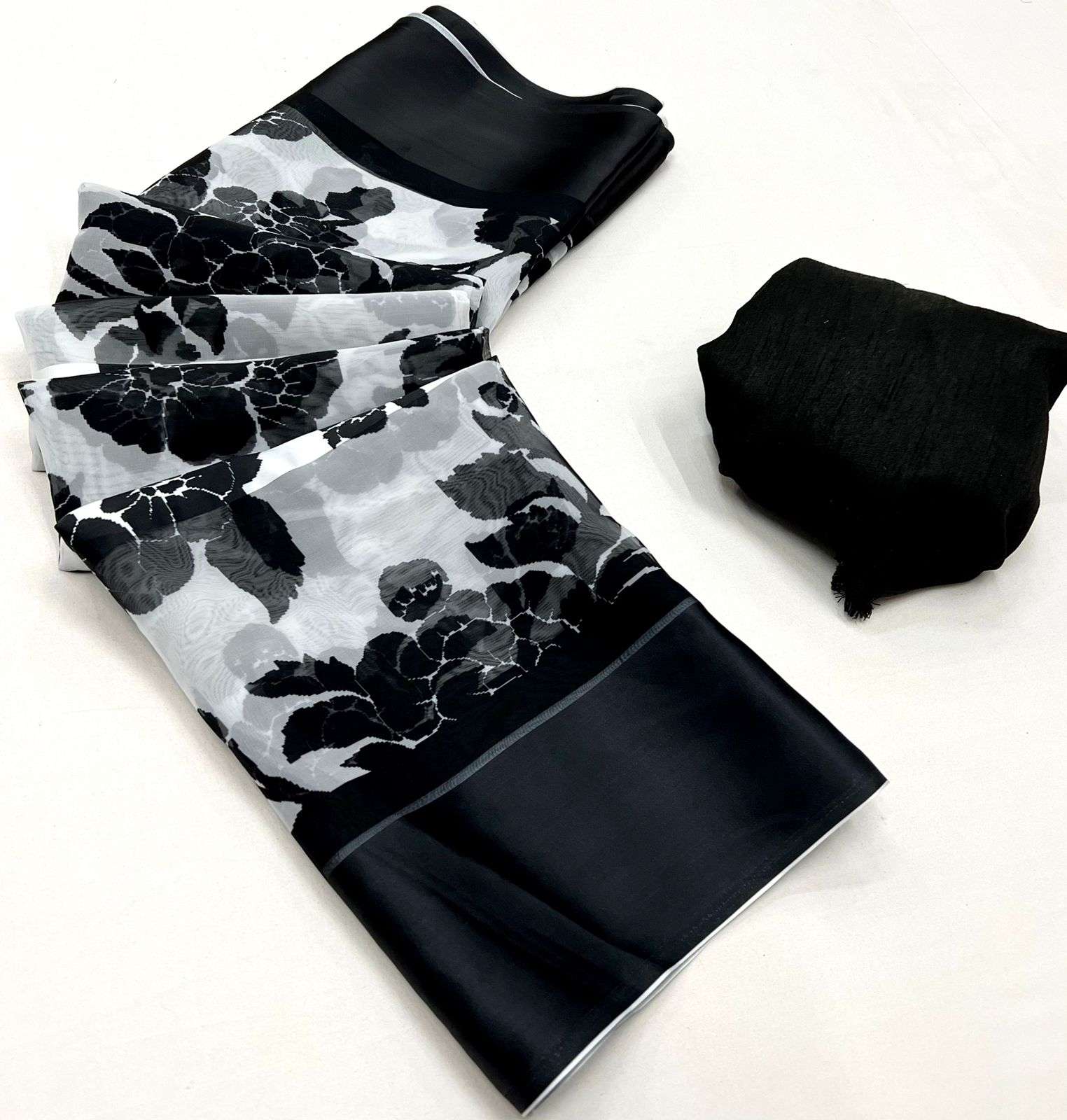 Murari Organza Fabrics Satin Border With Black & White Flower Printed ...
