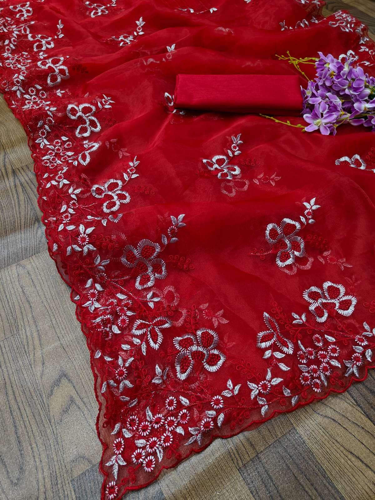 Organza Fabrics Red colors Designer Thread & Zari Work Along With ...