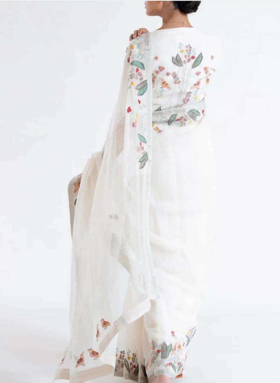 Party wear White color Palin Linen with digital printed fancy saree ...