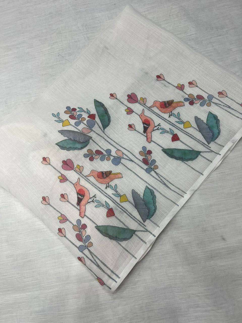 Party wear White color Palin Linen with digital printed fancy saree ...