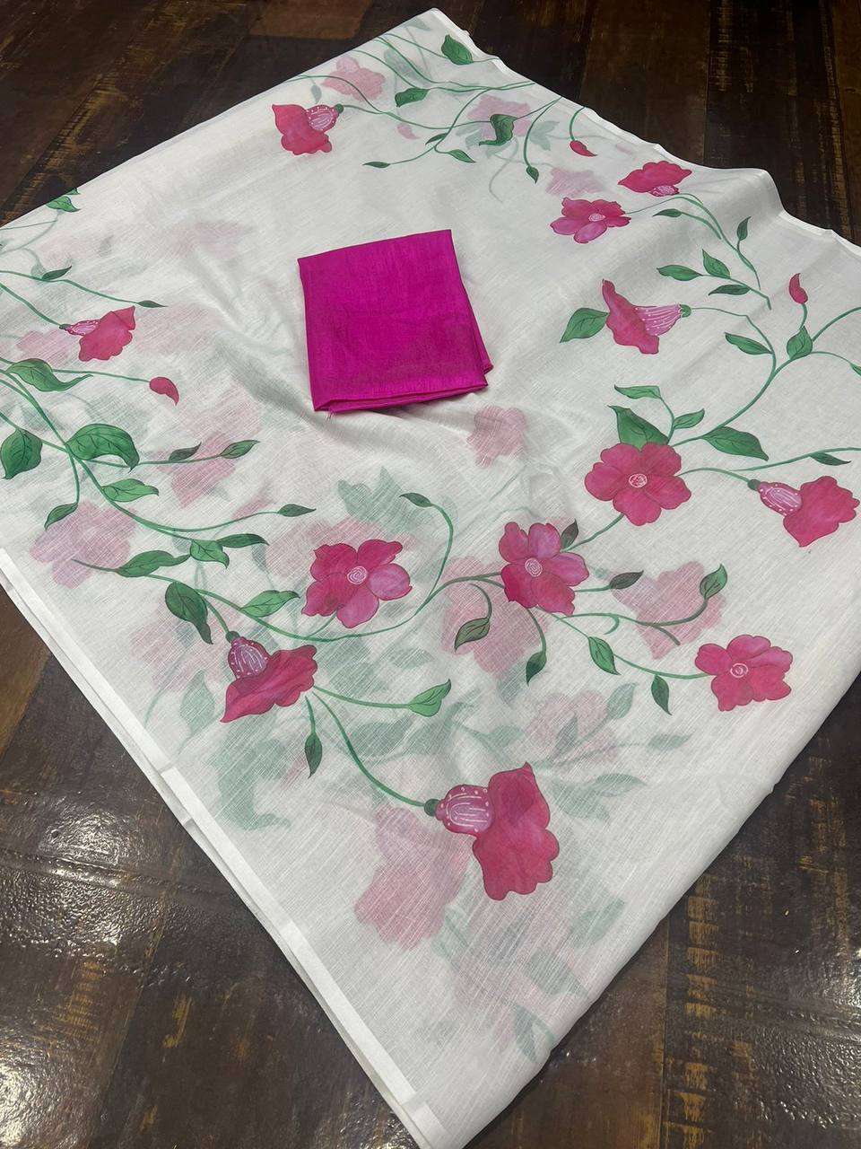 Festival Special Linen with Flower Printed White color saree collection ...