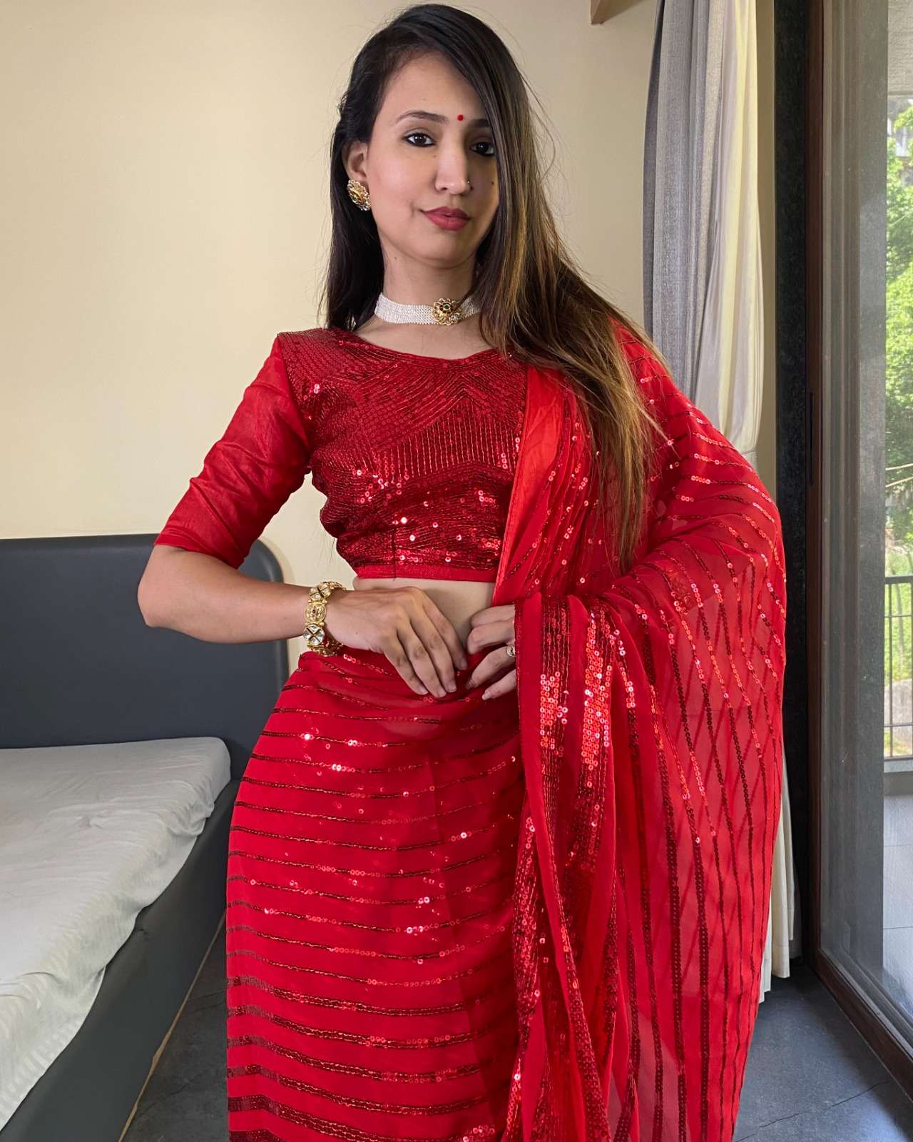 Party wear Georgette with Fullysequence work Red color saree collection ...