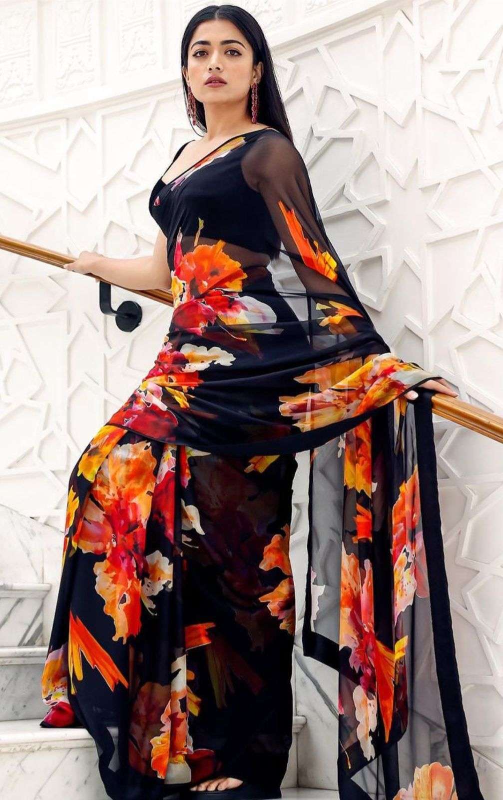 Bollywood Style Georgette with Flower Printed black colour saree ...