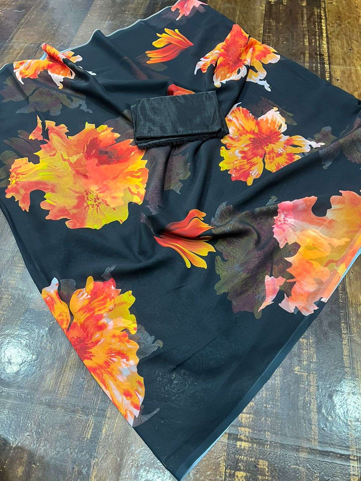 Bollywood Style Georgette with Flower Printed black colour saree ...