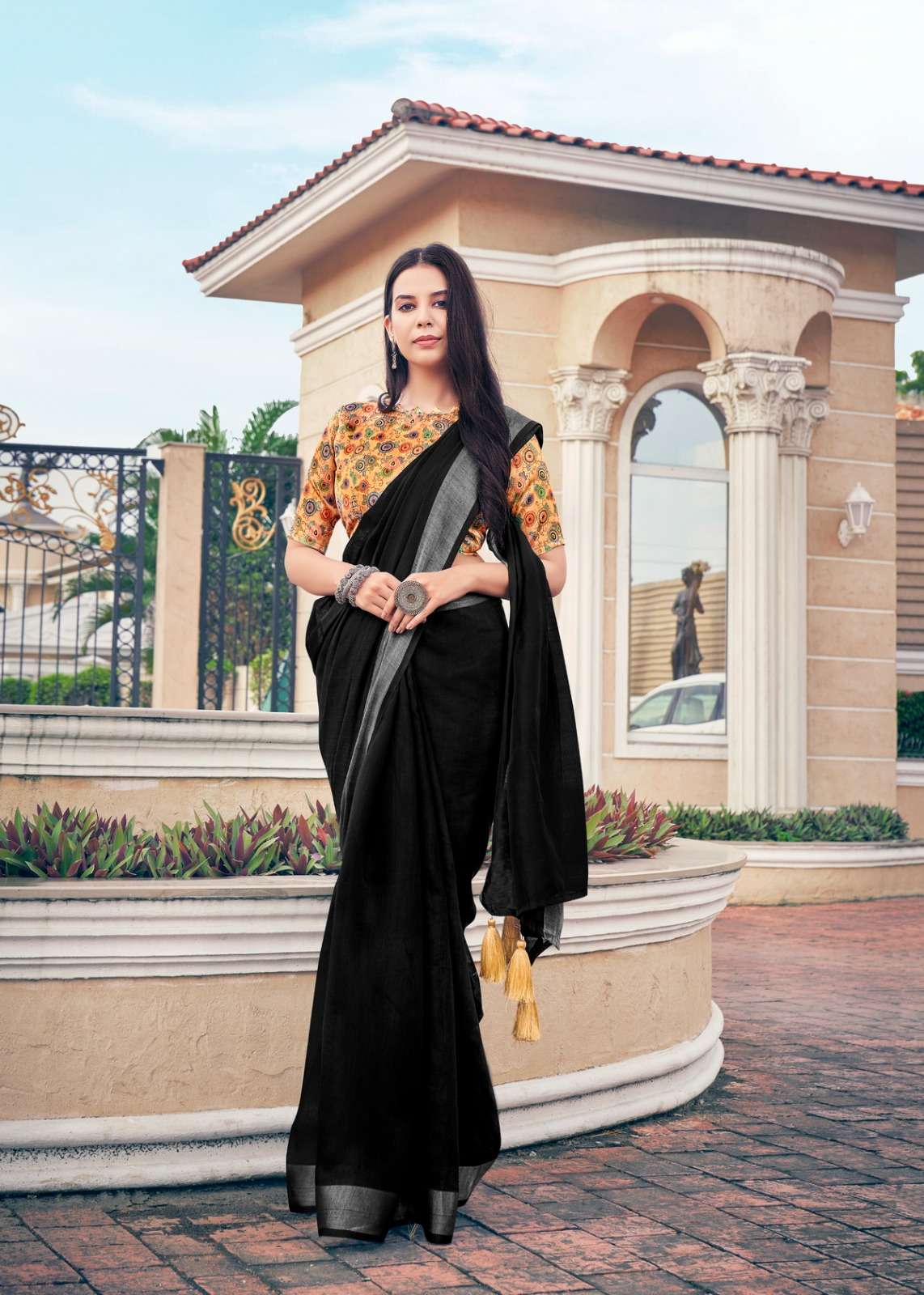 Metal SIlk Linen with Silver Fancy Look saree collection at best rate