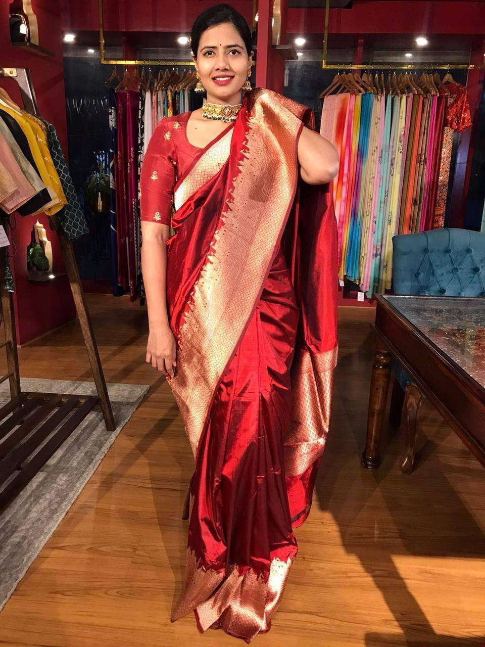 Ram Mandir Them Maroon Color banarasi silk saree collection at best rate