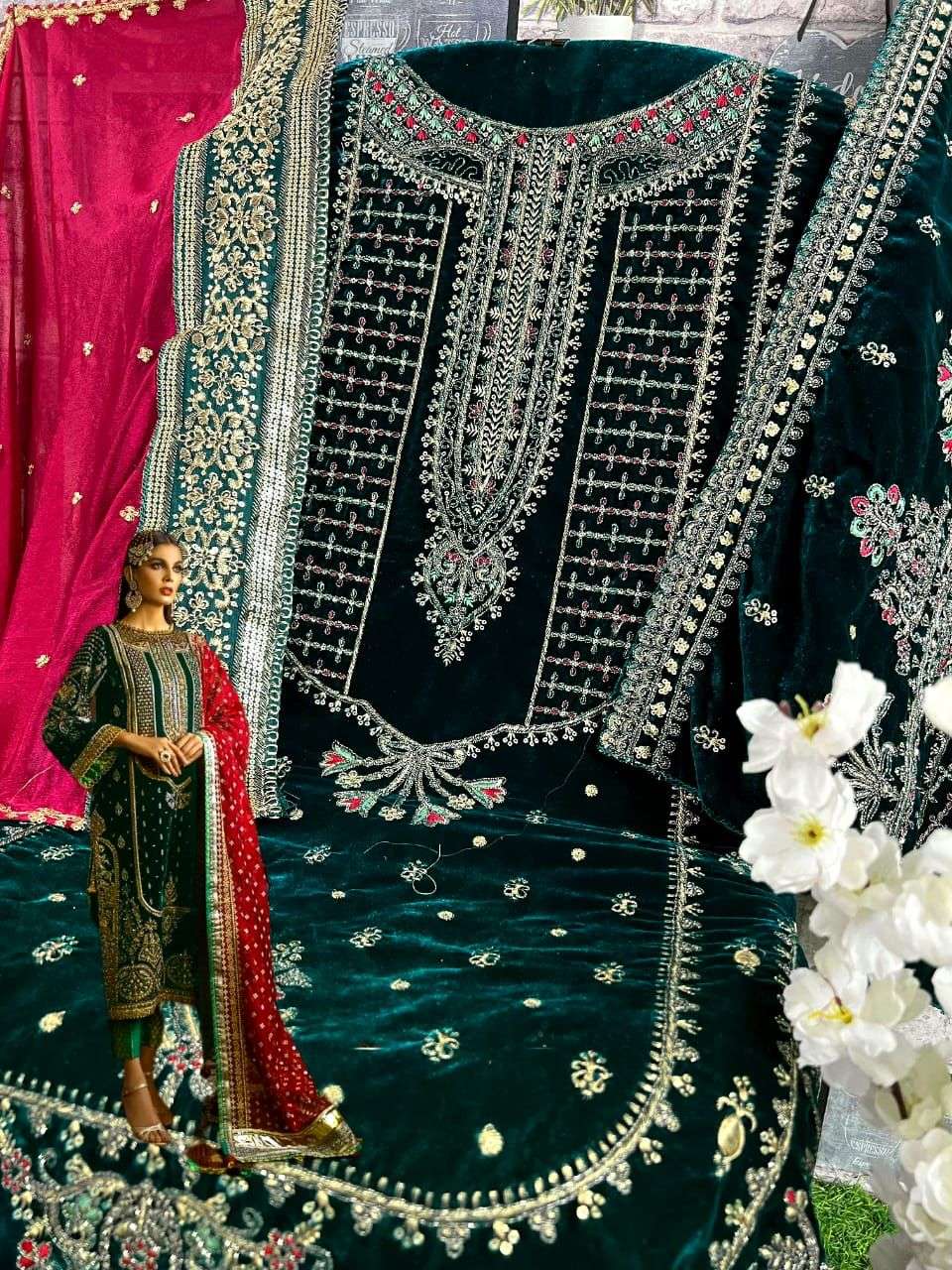 AMENA B-111 Velvet with Embroidery work Green Colour Pakistani salwar ...